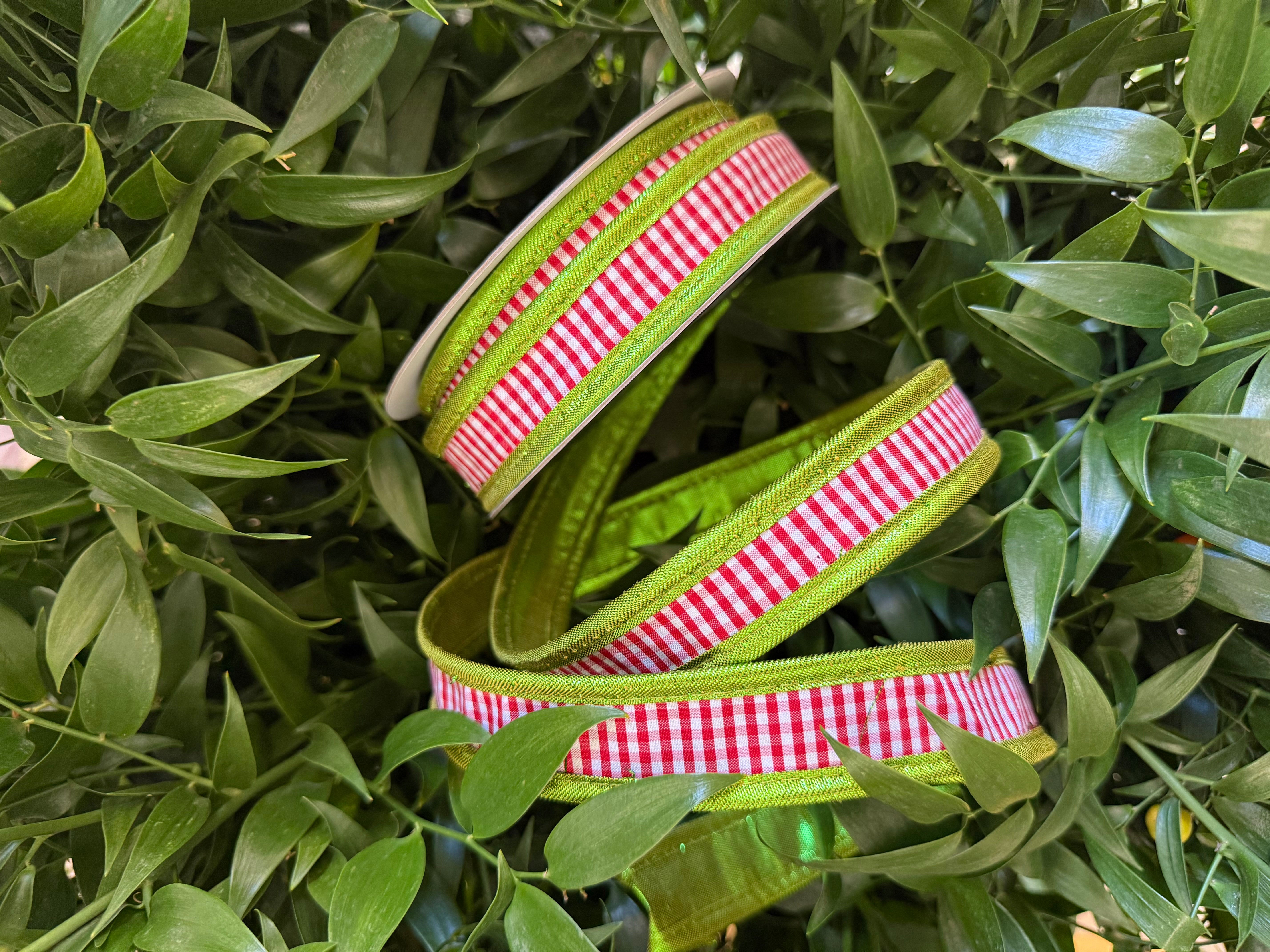 JME heavy wired ribbon. RED/WHITE Mini Check with Lime Metallic Back 1 ...