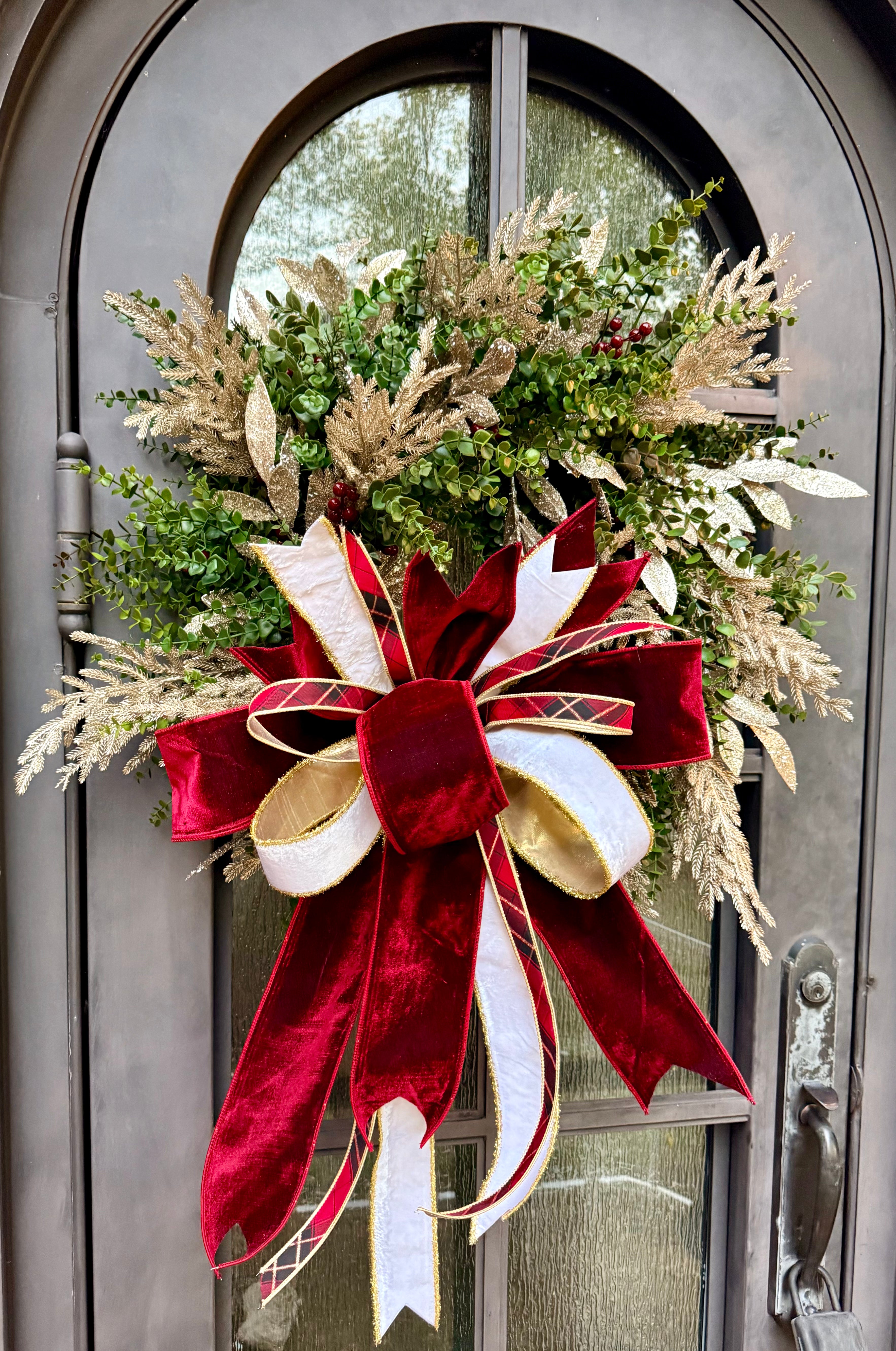 Burgundy and plaid. HANDMADE faux boxwood wreath with champagne touche ...