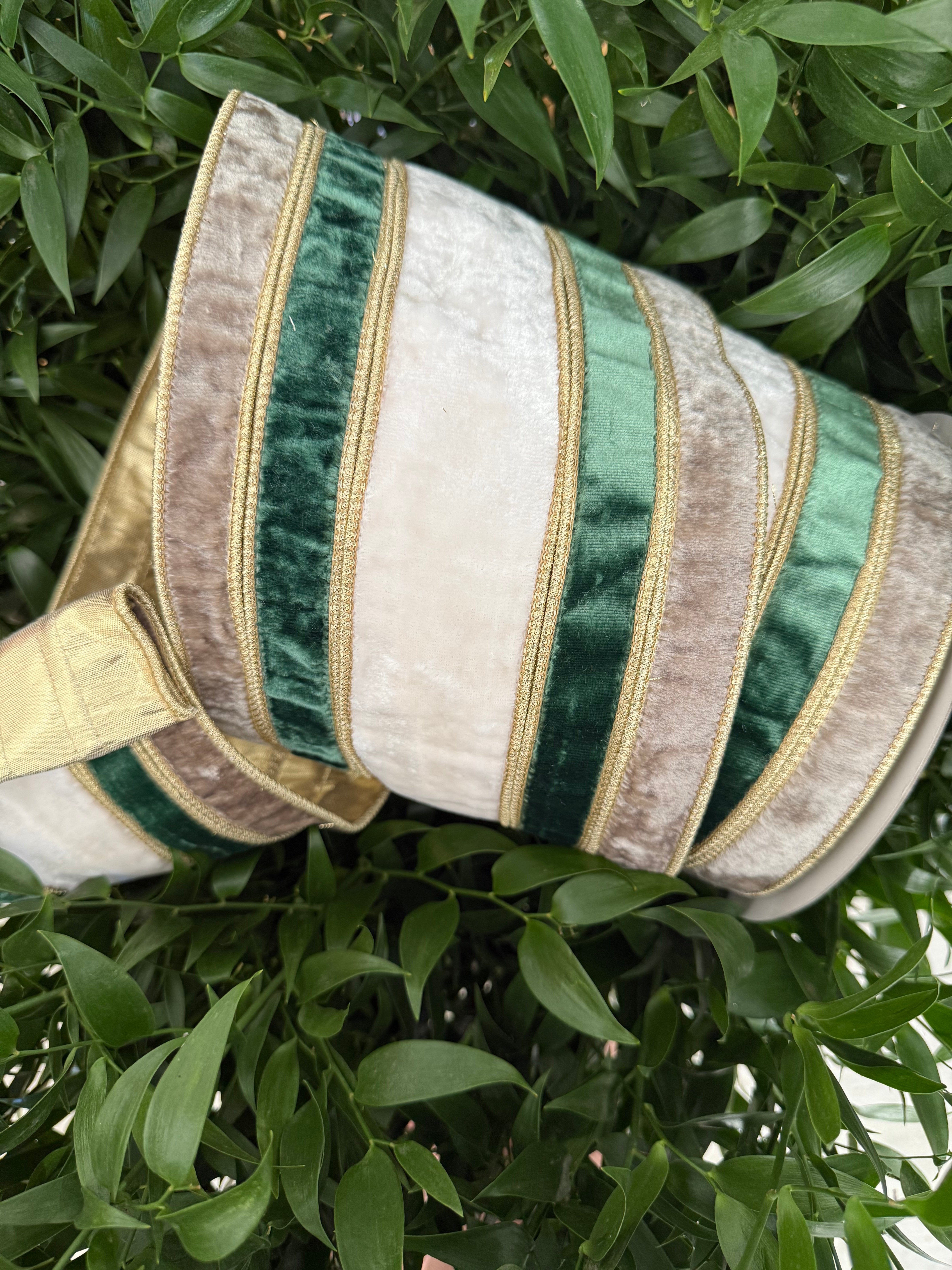 JME heavy wired ribbon. GRAY/GREEN/IVORY Velvet Stripes with Gold Meta ...