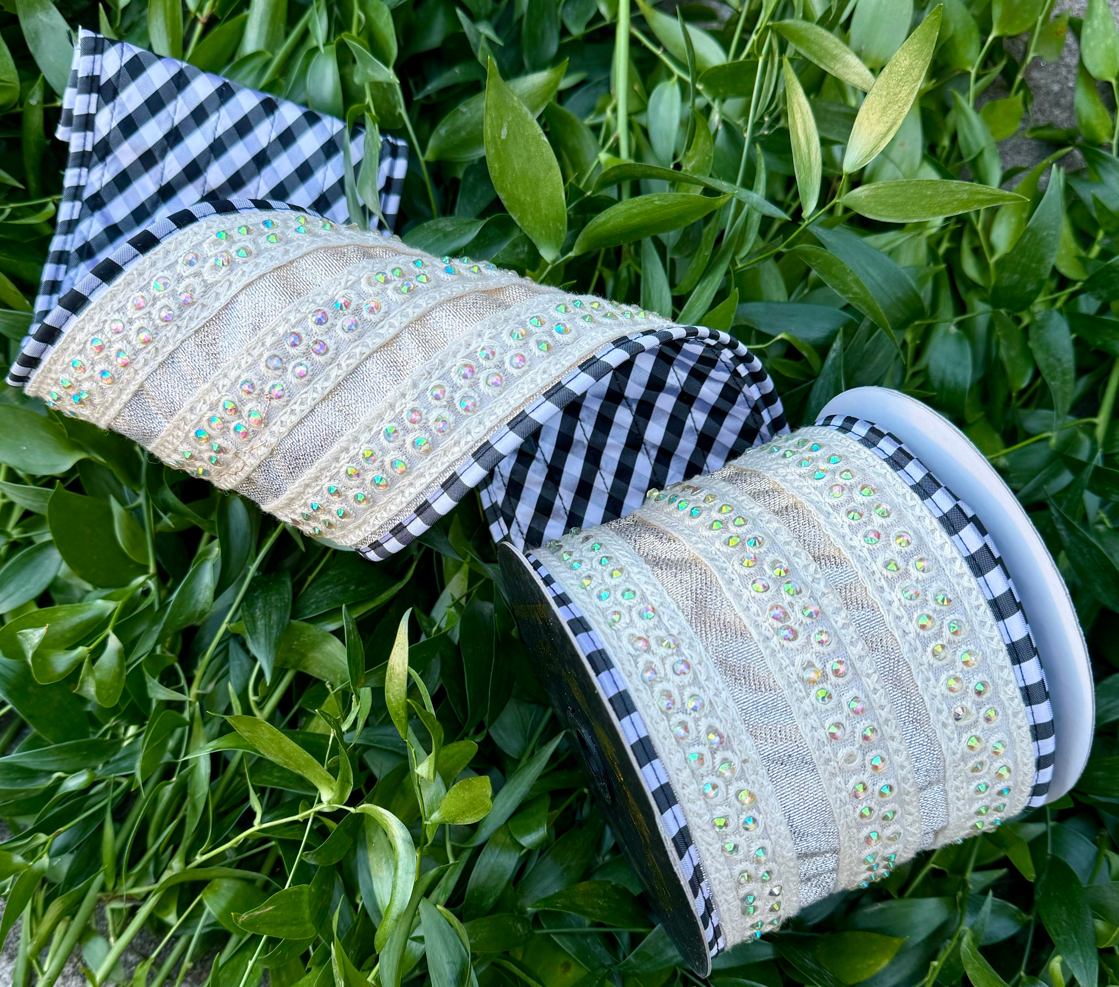 JME heavy wired ribbon. Metallic ribbon with jewel, cream, bands, and ...