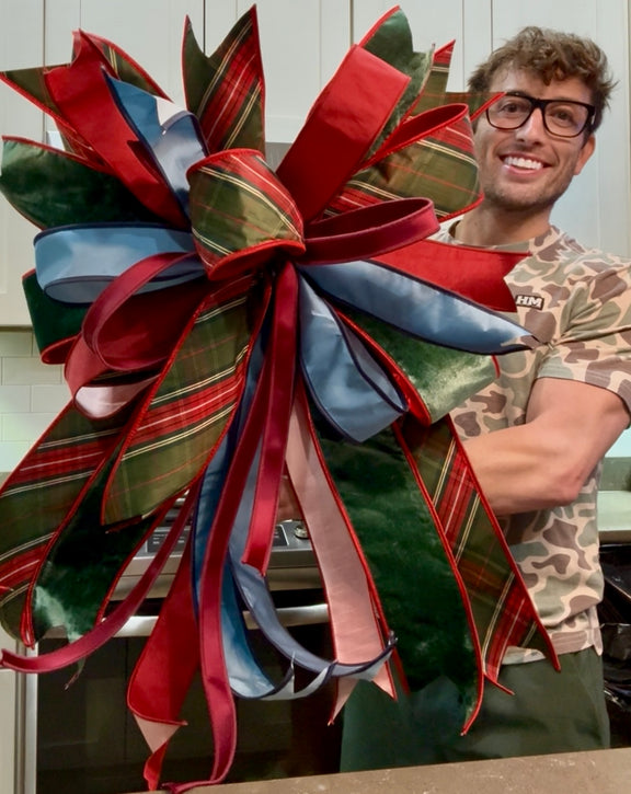 Hand tied JME bow. Traditional plaid with blue ribbon! – John Mark's