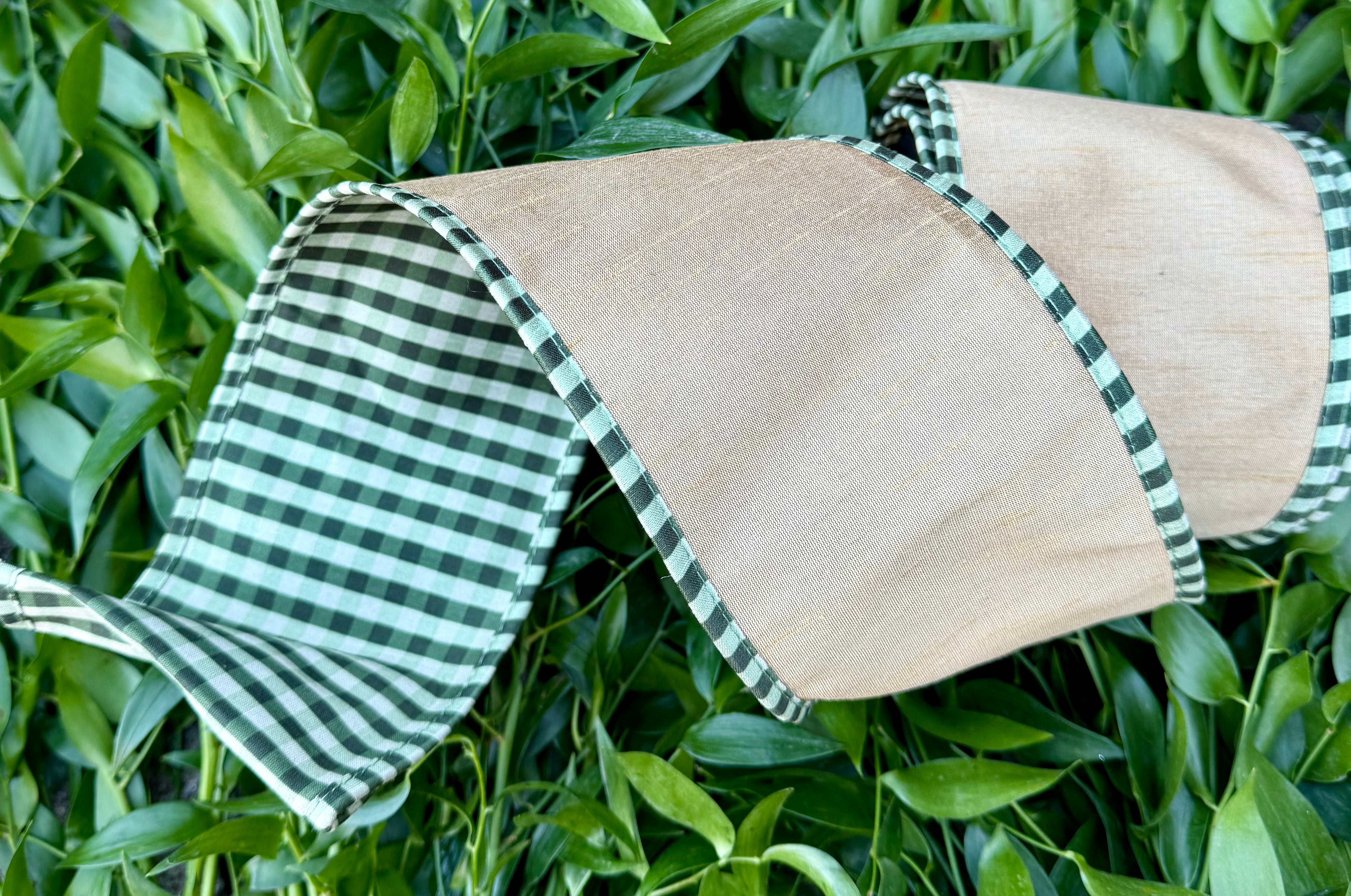 JME cream Taffeta with Small green Check dupion piping and backing. He ...