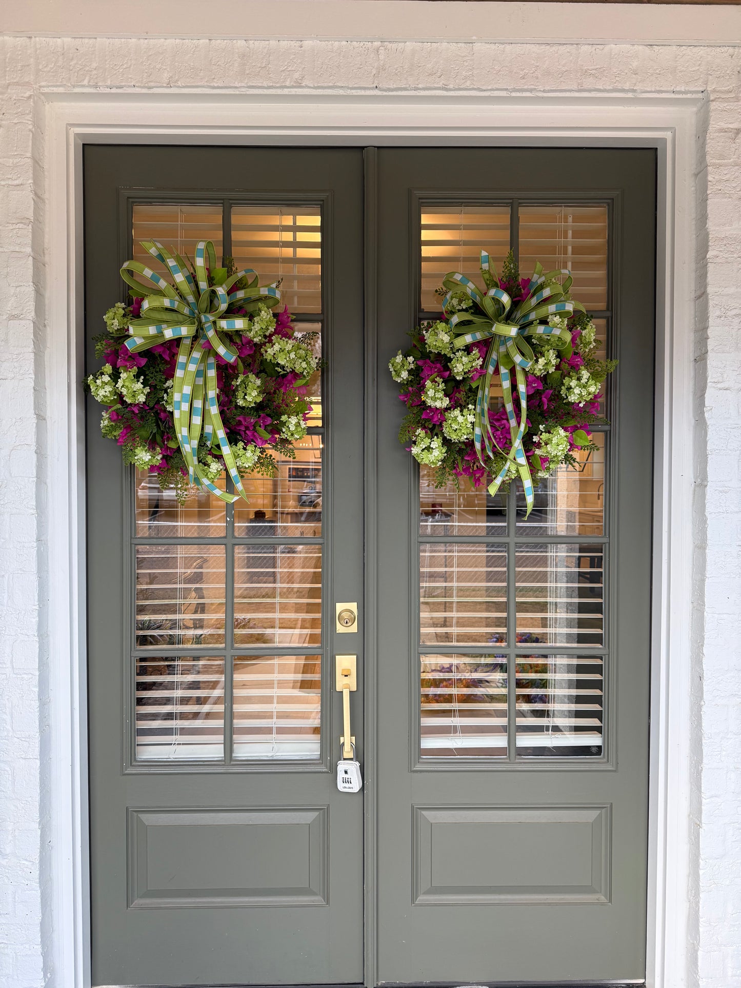 Pink and Green Hydrangea Wreath with Blue/Green Hand Tied JME Bow. Abo ...