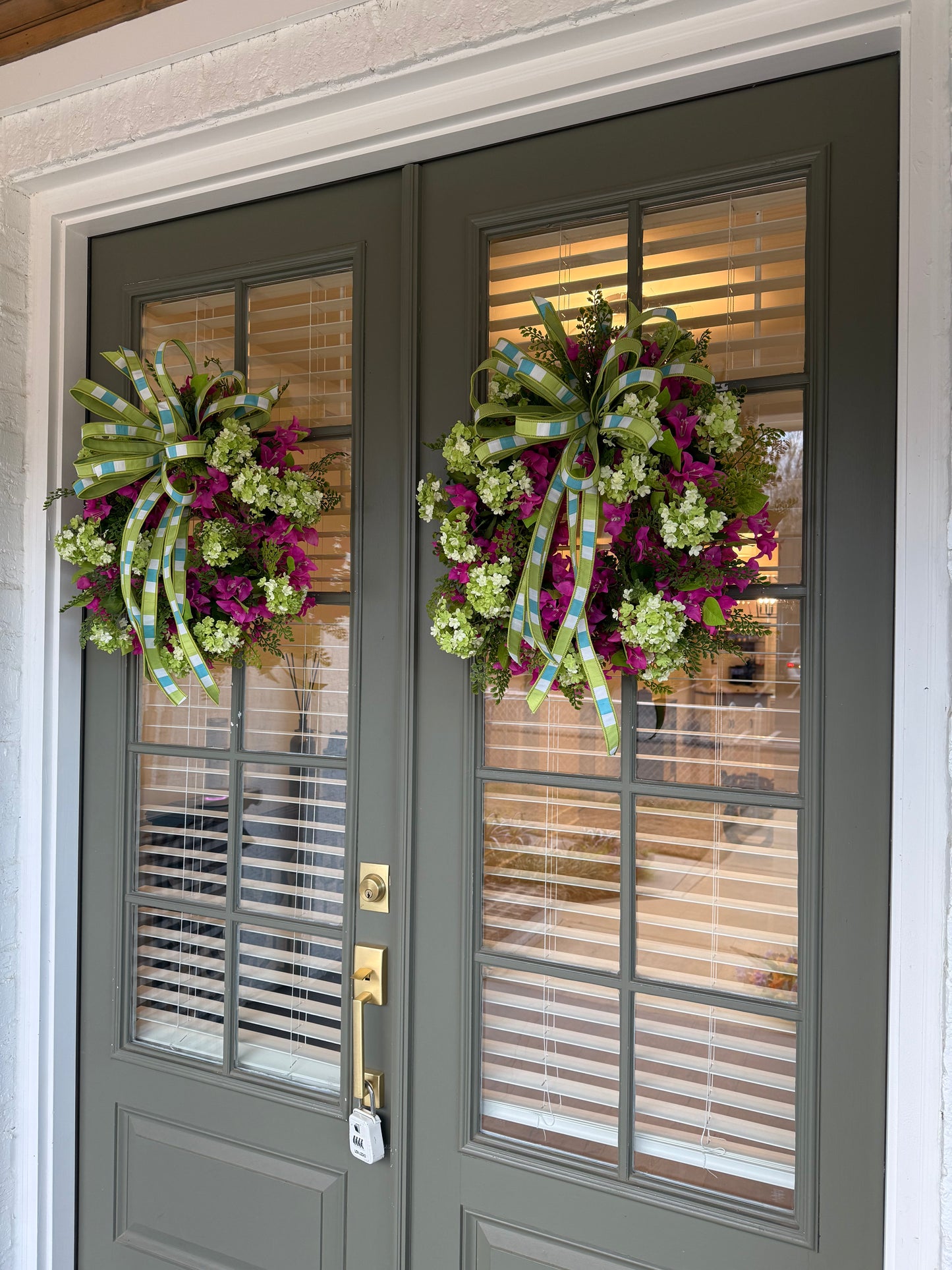 Pink and Green Hydrangea Wreath with Blue/Green Hand Tied JME Bow. Abo ...