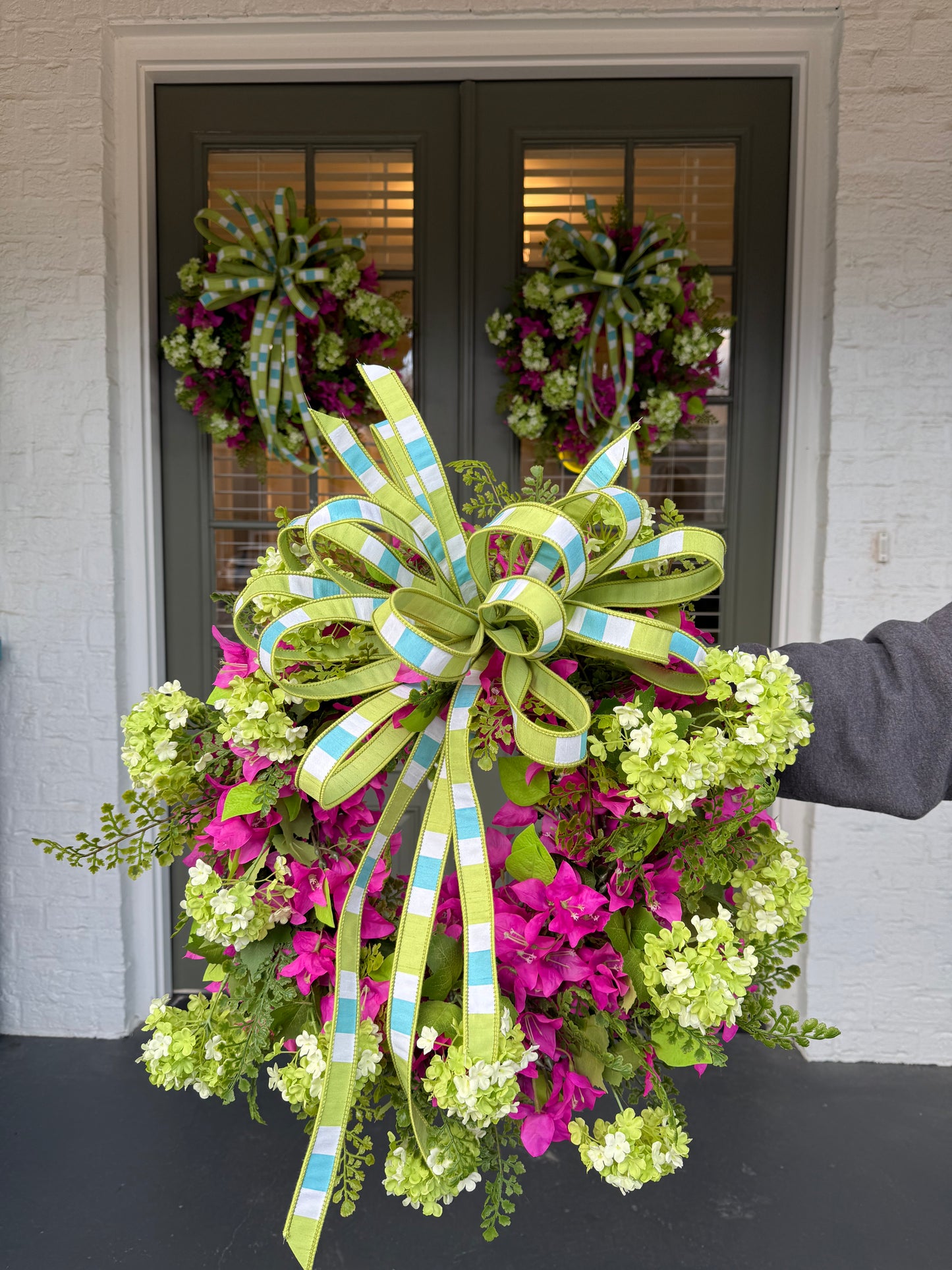 Pink and Green Hydrangea Wreath with Blue/Green Hand Tied JME Bow. Abo ...