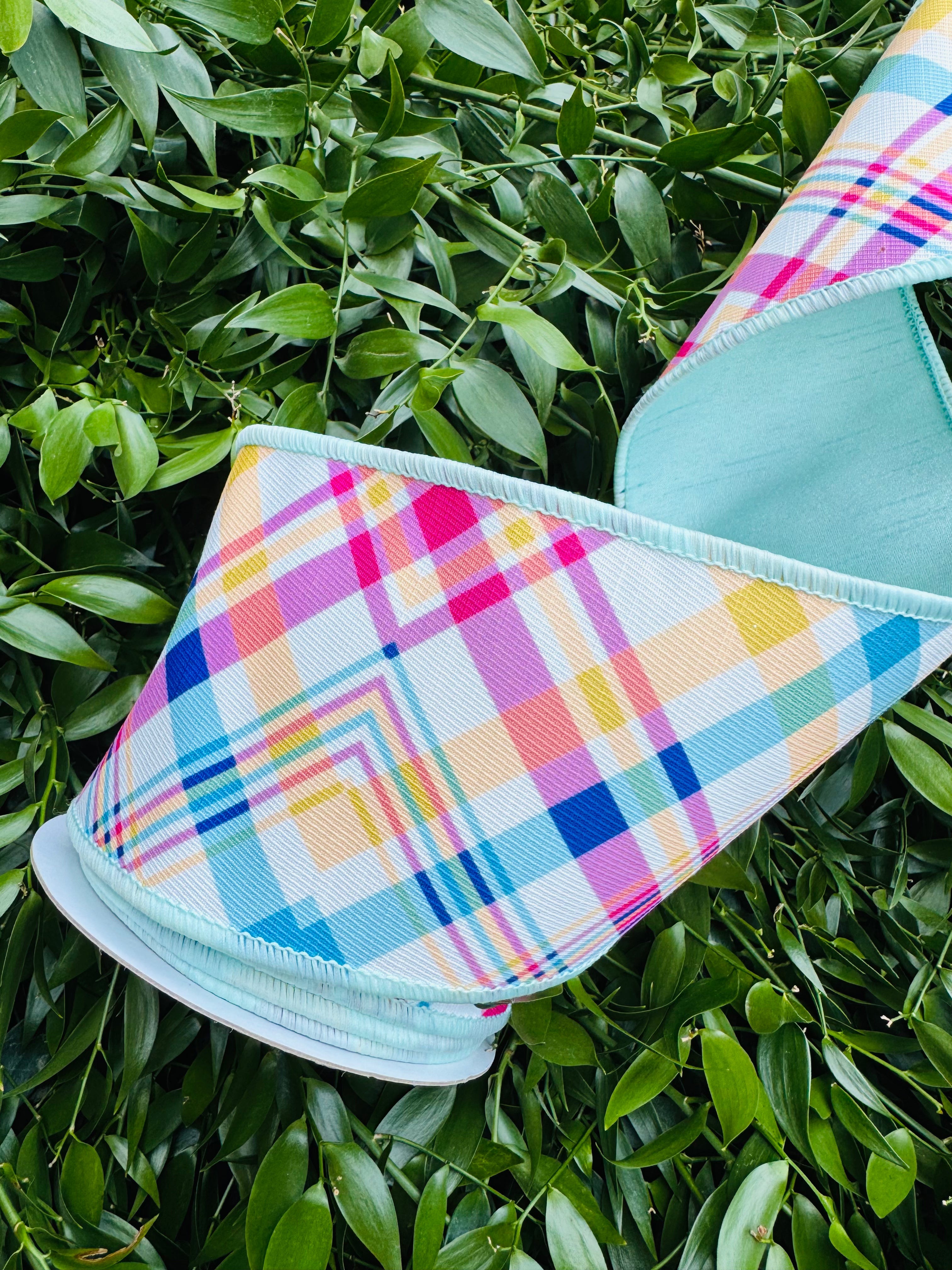 JME heavy wired ribbon. Multicolor Diagonal Plaid with AQUA Dupion Bac ...
