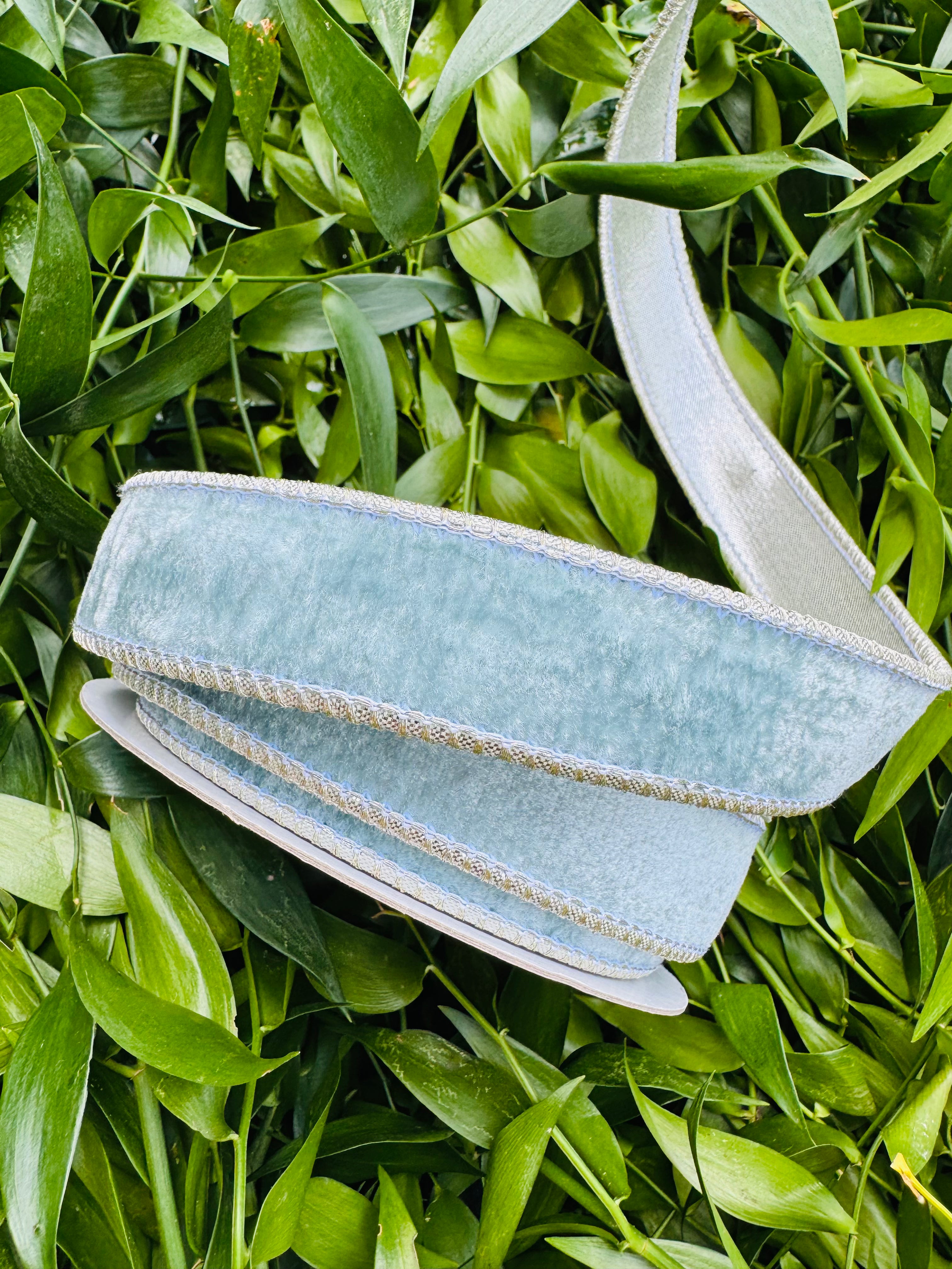 JME heavy wired ribbon. Aqua velvet with Champagne metallic back 1" x ...